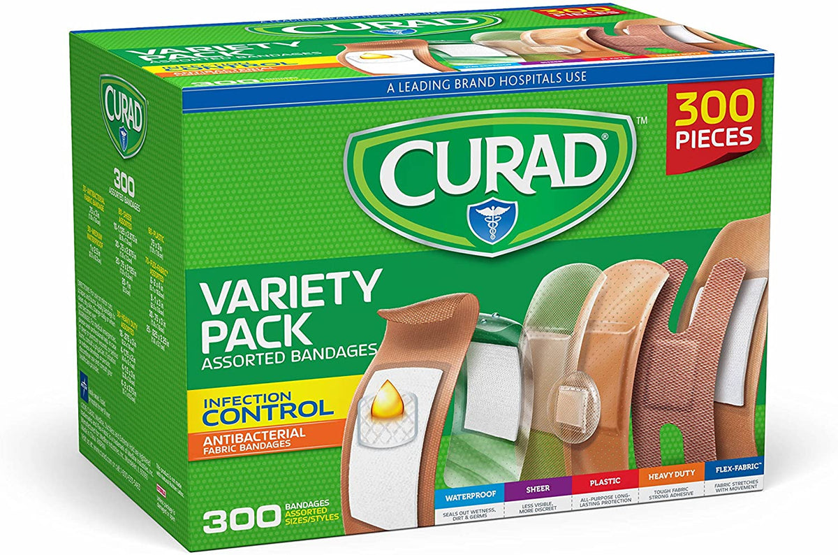 Curad Assorted Bandages Variety Pack 300 piece, Fabric, and Waterproof ...